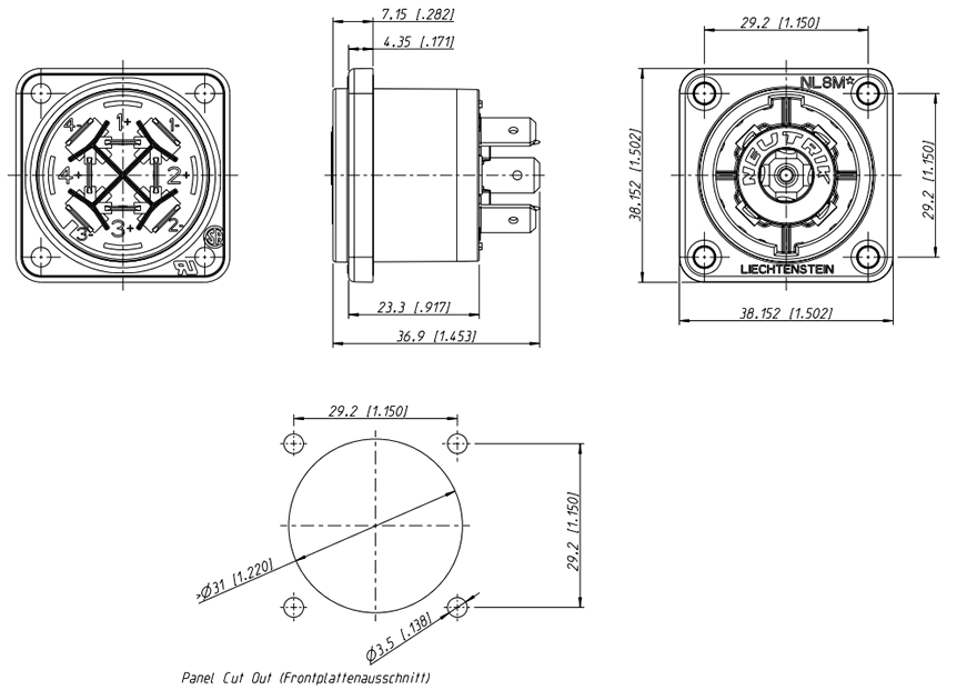 Embase speakON, mâle, 8 points, G-size / bornier, noir