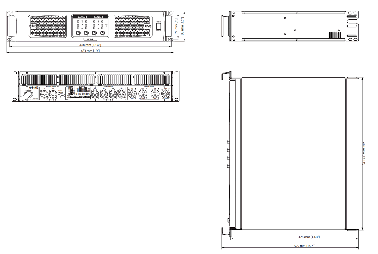 Amplificateur 4 canaux RCF QPS 6.0K, 4 x 1500 WRMS sous 2 ohm